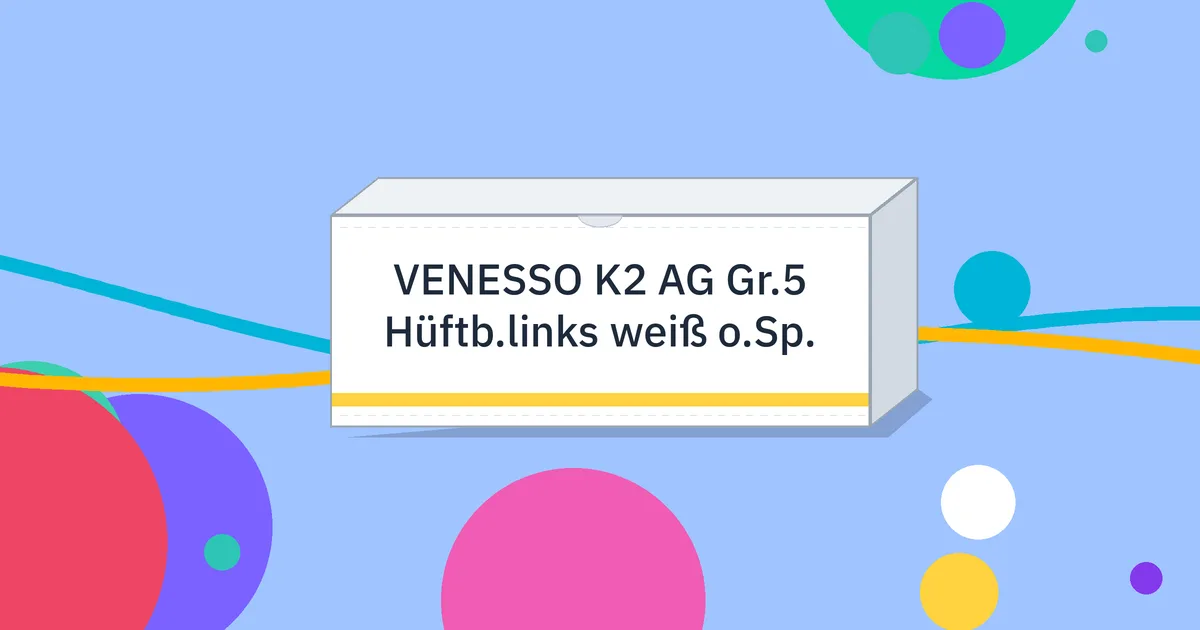 Symbolbild: Packung mit der Aufschrift VENESSO K2 AG Gr.5 Hüftb.links weiß o.Sp. (PZN 03269955) – Verfügbarkeit und Bezug in Apotheken in Frankfurt am Main