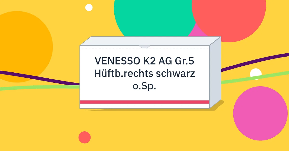 Symbolbild: Packung mit der Aufschrift VENESSO K2 AG Gr.5 Hüftb.rechts schwarz o.Sp. (PZN 03272087) – Verfügbarkeit und Bezug in Apotheken in Frankfurt am Main