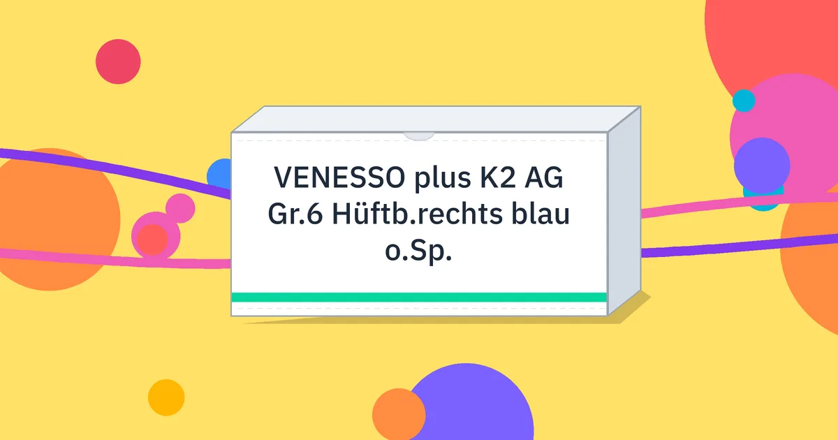 Symbolbild: Packung mit der Aufschrift VENESSO plus K2 AG Gr.6 Hüftb.rechts blau o.Sp. (PZN 03302730) – Verfügbarkeit und Bezug in Apotheken in Frankfurt am Main