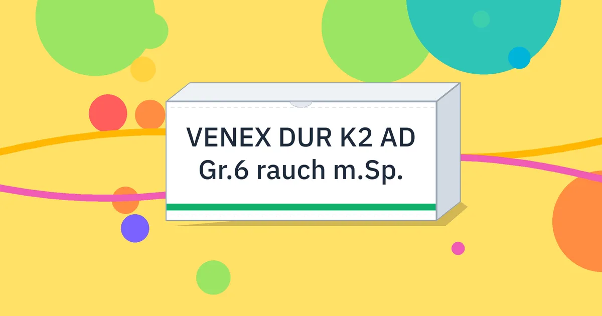 Symbolbild: Packung mit der Aufschrift VENEX DUR K2 AD Gr.6 rauch m.Sp. (PZN 03208623) – Verfügbarkeit und Bezug in Apotheken in Frankfurt am Main