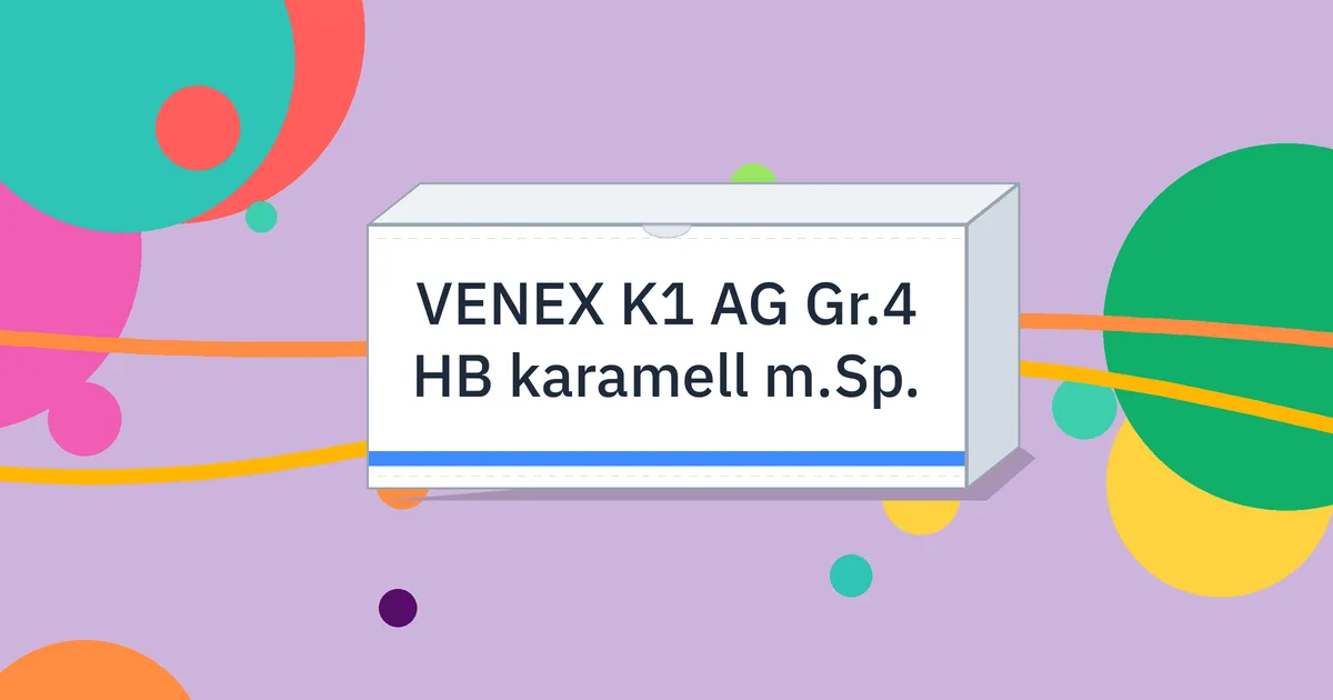 Symbolbild: Packung mit der Aufschrift VENEX K1 AG Gr.4 HB karamell m.Sp. (PZN 13757578) – Verfügbarkeit und Bezug in Apotheken in Frankfurt am Main