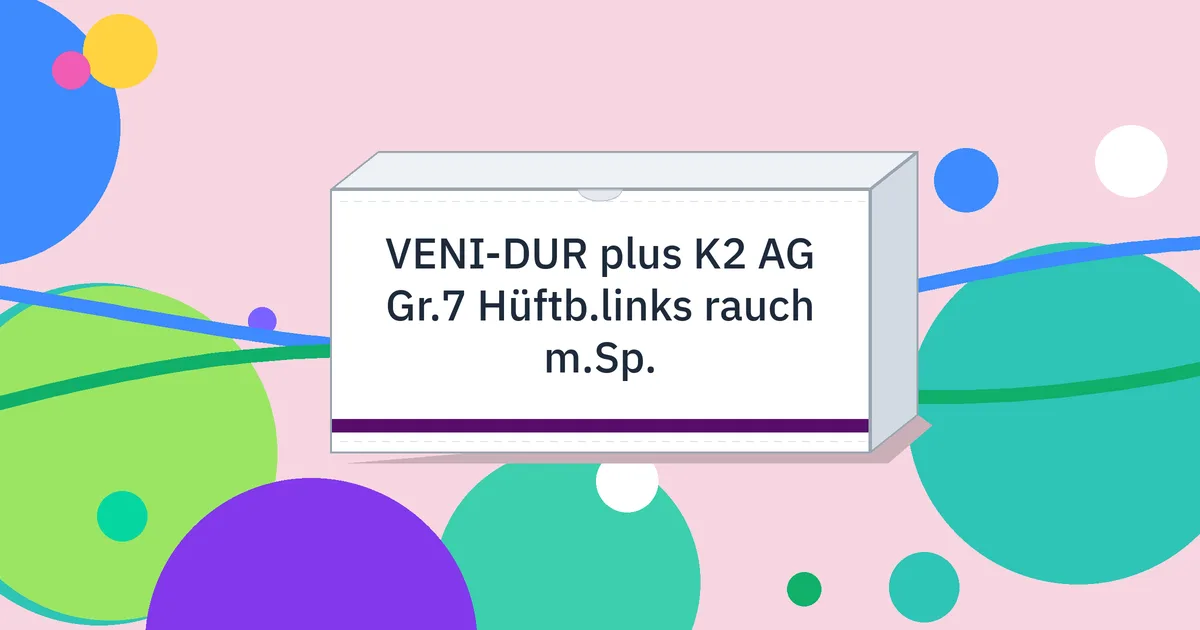 Symbolbild: Packung mit der Aufschrift VENI-DUR plus K2 AG Gr.7 Hüftb.links rauch m.Sp. (PZN 03255663) – Verfügbarkeit und Bezug in Apotheken in Frankfurt am Main