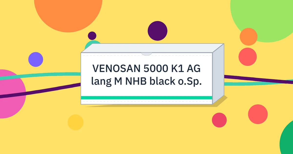 Symbolbild: Packung mit der Aufschrift VENOSAN 5000 K1 AG lang M NHB black o.Sp. (PZN 14432915) – Verfügbarkeit und Bezug in Apotheken in Frankfurt am Main