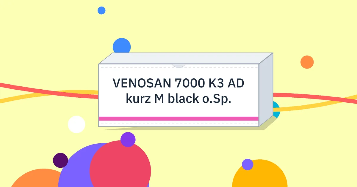 Symbolbild: Packung mit der Aufschrift VENOSAN 7000 K3 AD kurz M black o.Sp. (PZN 14436190) – Verfügbarkeit und Bezug in Apotheken in Frankfurt am Main