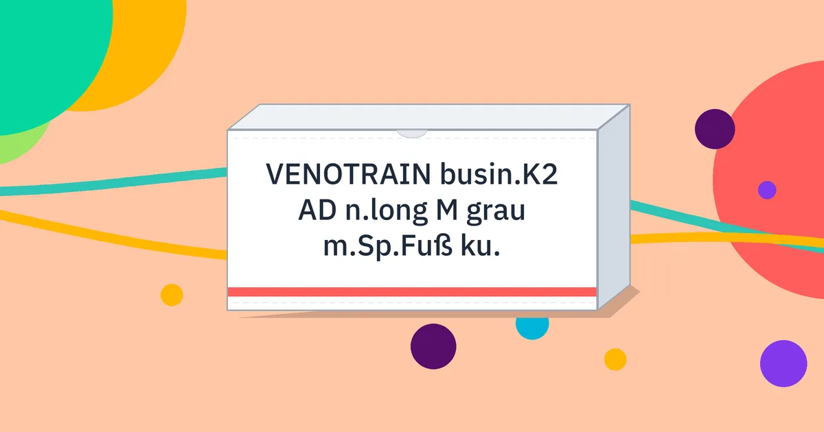 Symbolbild: Packung mit der Aufschrift VENOTRAIN busin.K2 AD n.long M grau m.Sp.Fuß ku. (PZN 19057592) – Verfügbarkeit und Bezug in Apotheken in Frankfurt am Main