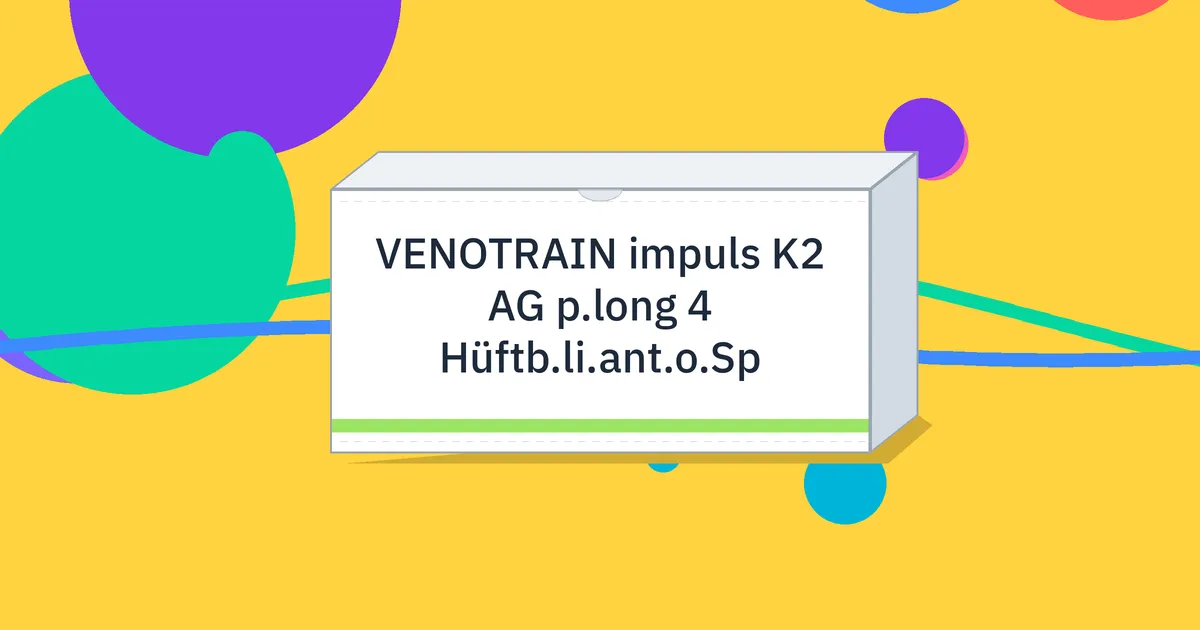Symbolbild: Packung mit der Aufschrift VENOTRAIN impuls K2 AG p.long 4 Hüftb.li.ant.o.Sp (PZN 15219856) – Verfügbarkeit und Bezug in Apotheken in Frankfurt am Main