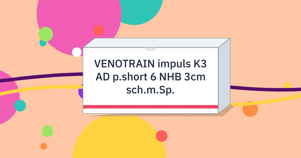 Symbolbild: Packung mit der Aufschrift VENOTRAIN impuls K3 AD p.short 6 NHB 3cm sch.m.Sp. (PZN 00662066) – Verfügbarkeit und Bezug in Apotheken in Frankfurt am Main