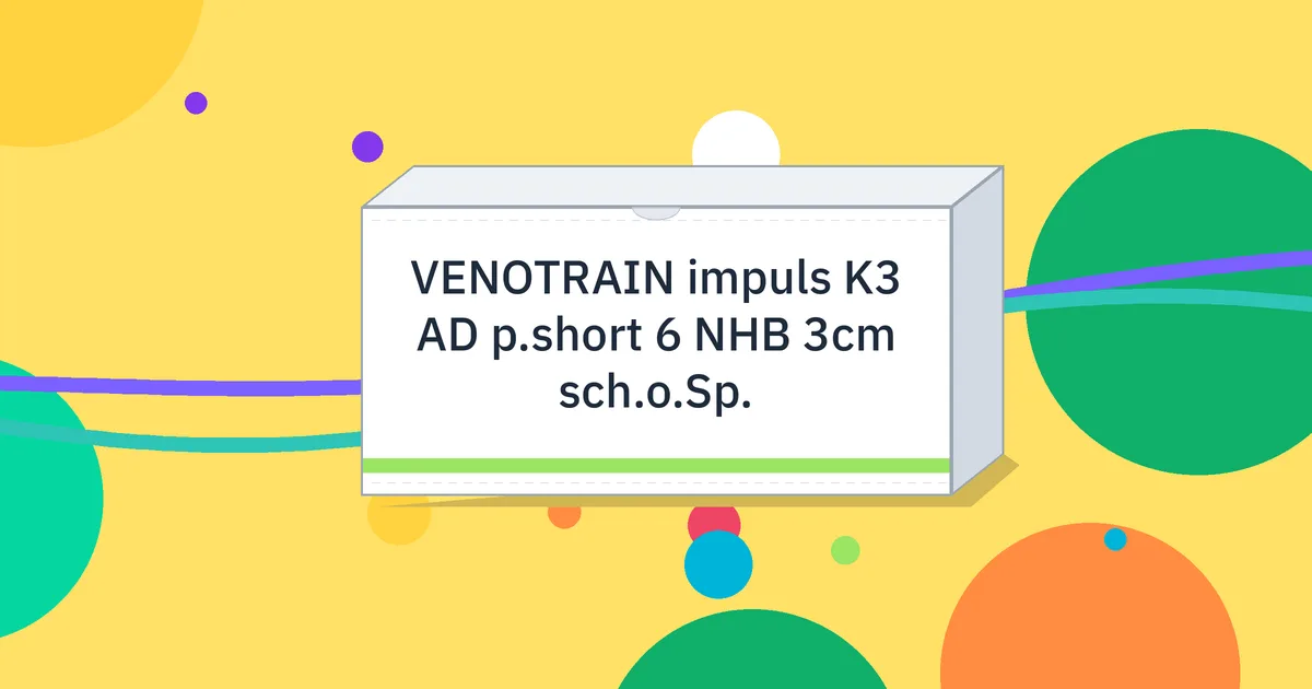 Symbolbild: Packung mit der Aufschrift VENOTRAIN impuls K3 AD p.short 6 NHB 3cm sch.o.Sp. (PZN 00667520) – Verfügbarkeit und Bezug in Apotheken in Frankfurt am Main