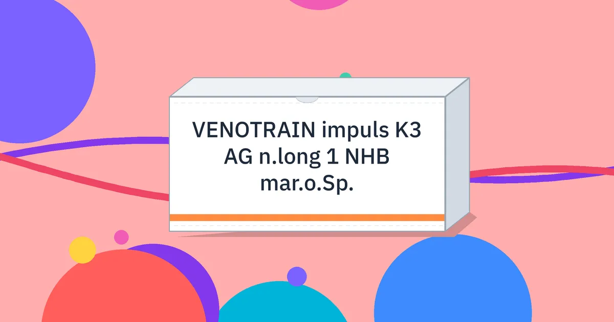Symbolbild: Packung mit der Aufschrift VENOTRAIN impuls K3 AG n.long 1 NHB mar.o.Sp. (PZN 15215568) – Verfügbarkeit und Bezug in Apotheken in Frankfurt am Main