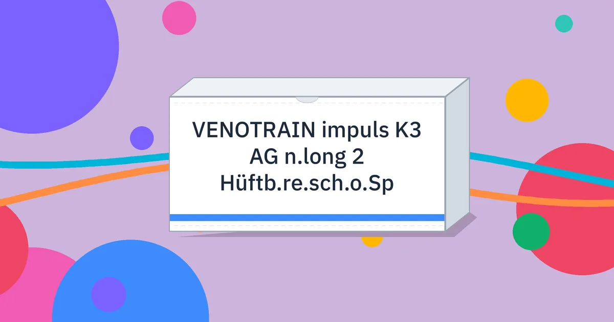 Symbolbild: Packung mit der Aufschrift VENOTRAIN impuls K3 AG n.long 2 Hüftb.re.sch.o.Sp (PZN 10294149) – Verfügbarkeit und Bezug in Apotheken in Frankfurt am Main
