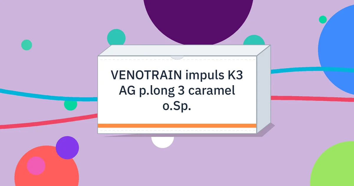 Symbolbild: Packung mit der Aufschrift VENOTRAIN impuls K3 AG p.long 3 caramel o.Sp. (PZN 08421416) – Verfügbarkeit und Bezug in Apotheken in Frankfurt am Main
