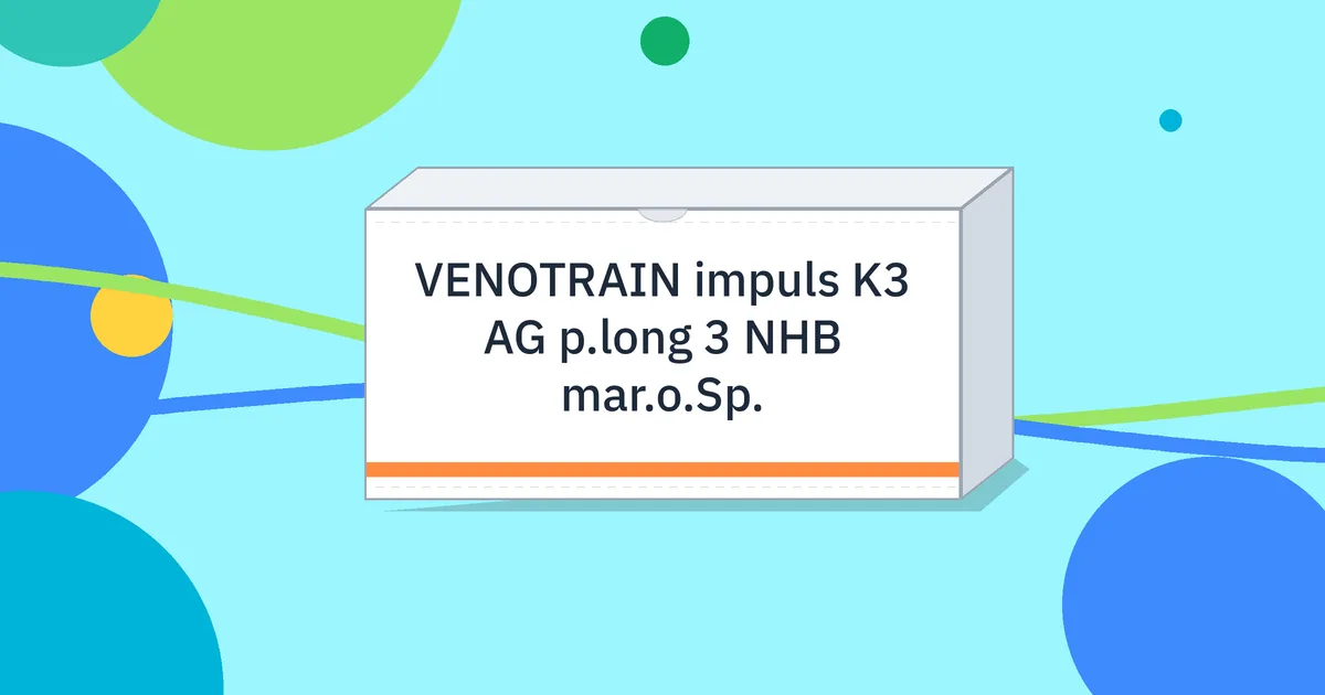 Symbolbild: Packung mit der Aufschrift VENOTRAIN impuls K3 AG p.long 3 NHB mar.o.Sp. (PZN 15215752) – Verfügbarkeit und Bezug in Apotheken in Frankfurt am Main