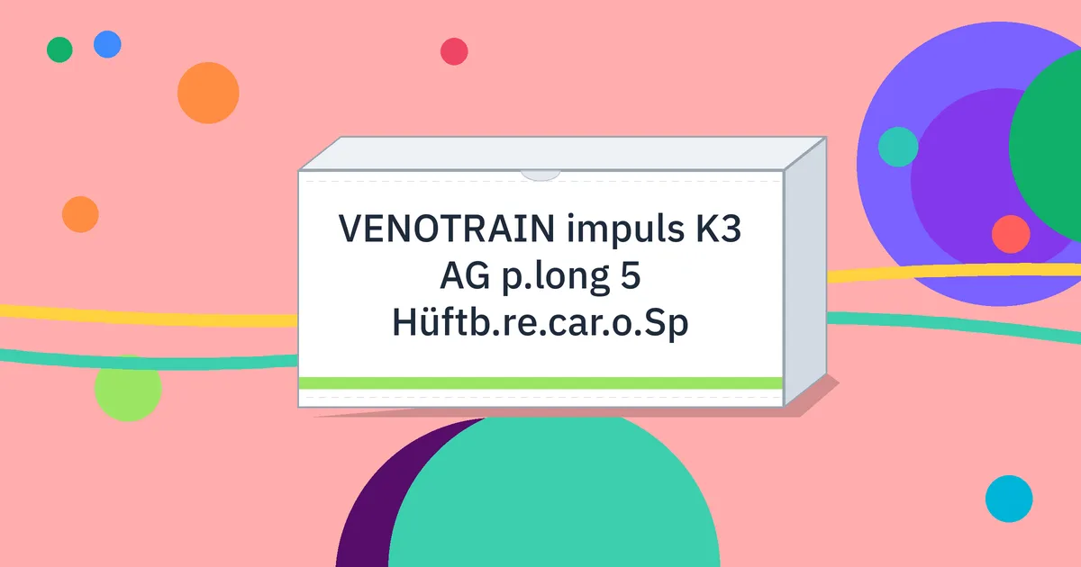 Symbolbild: Packung mit der Aufschrift VENOTRAIN impuls K3 AG p.long 5 Hüftb.re.car.o.Sp (PZN 08423504) – Verfügbarkeit und Bezug in Apotheken in Frankfurt am Main