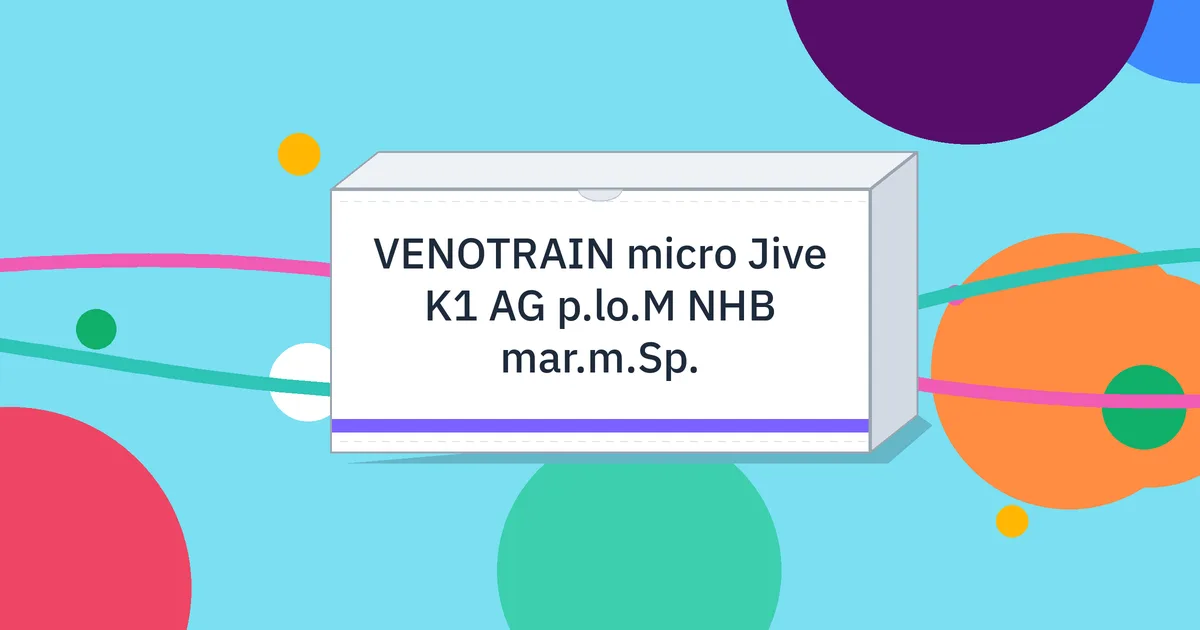 Symbolbild: Packung mit der Aufschrift VENOTRAIN micro Jive K1 AG p.lo.M NHB mar.m.Sp. (PZN 17767390) – Verfügbarkeit und Bezug in Apotheken in Frankfurt am Main