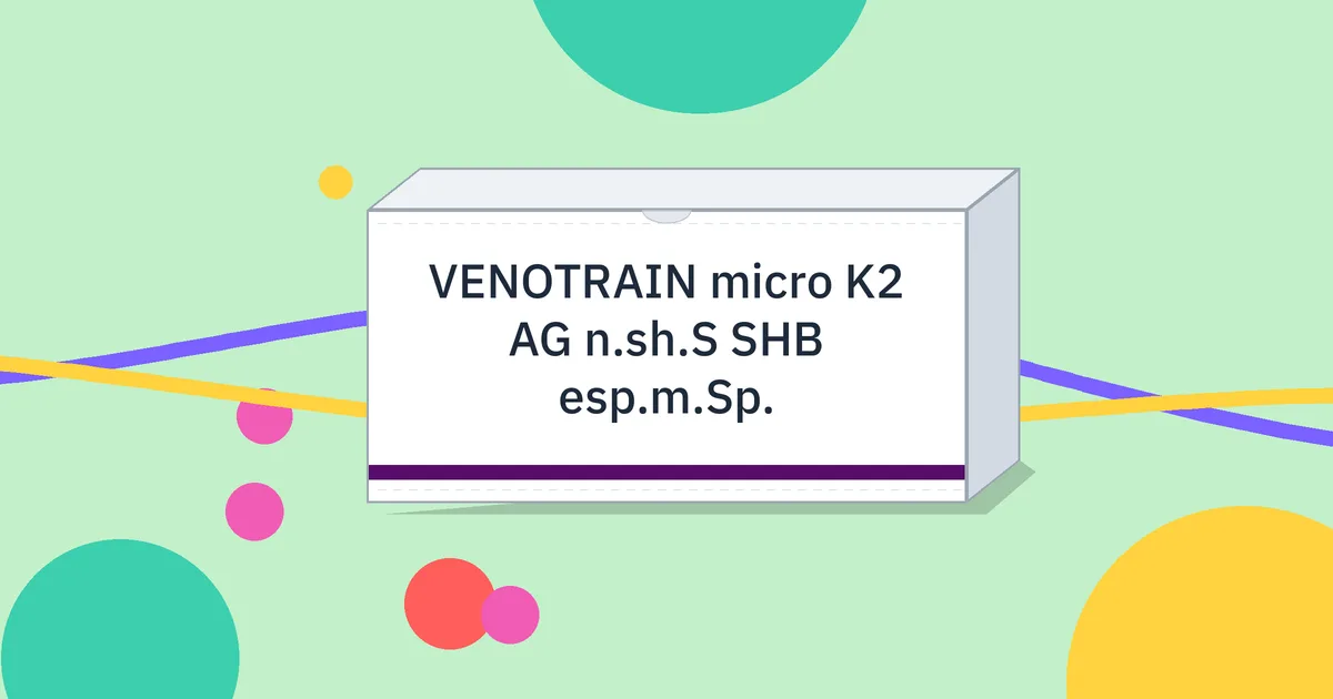 Symbolbild: Packung mit der Aufschrift VENOTRAIN micro K2 AG n.sh.S SHB esp.m.Sp. (PZN 06348170) – Verfügbarkeit und Bezug in Apotheken in Frankfurt am Main