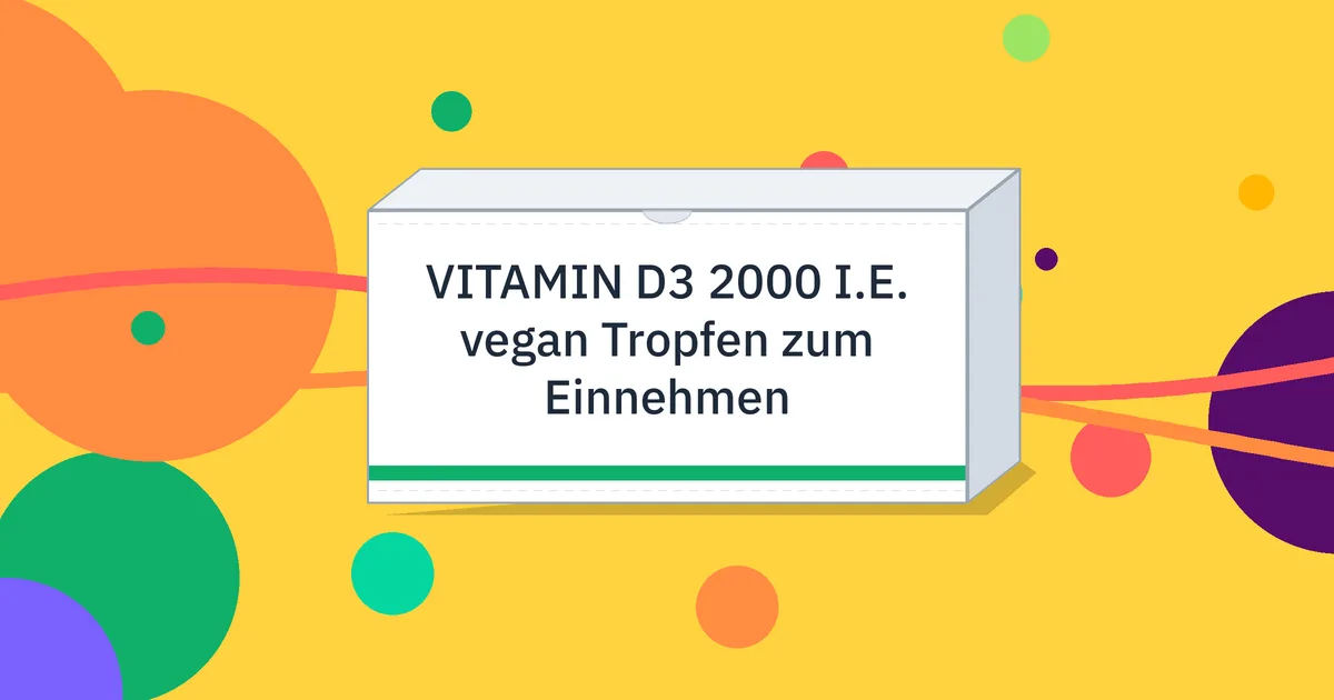 Symbolbild: Packung mit der Aufschrift VITAMIN D3 2000 I.E. vegan Tropfen zum Einnehmen (PZN 20382280) – Verfügbarkeit und Bezug in Apotheken in Frankfurt am Main