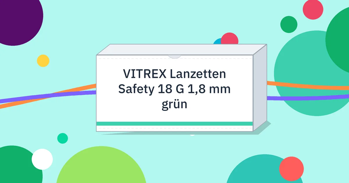 Symbolbild: Packung mit der Aufschrift VITREX Lanzetten Safety 18 G 1,8 mm grün (PZN 09678206) – Verfügbarkeit und Bezug in Apotheken in Frankfurt am Main