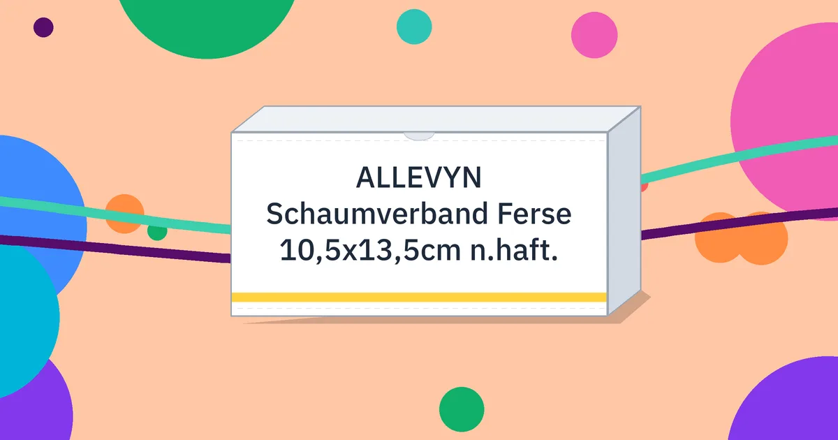Symbolbild: Packung mit der Aufschrift ALLEVYN Schaumverband Ferse 10,5x13,5cm n.haft. (PZN 18051771) – Verfügbarkeit und Bezug in Apotheken in Frankfurt am Main