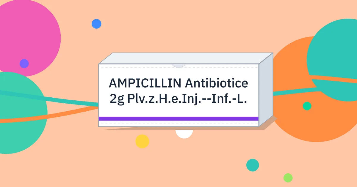 Symbolbild: Packung mit der Aufschrift AMPICILLIN Antibiotice 2g Plv.z.H.e.Inj.--Inf.-L. (PZN 19972970) – Verfügbarkeit und Bezug in Apotheken in Frankfurt am Main