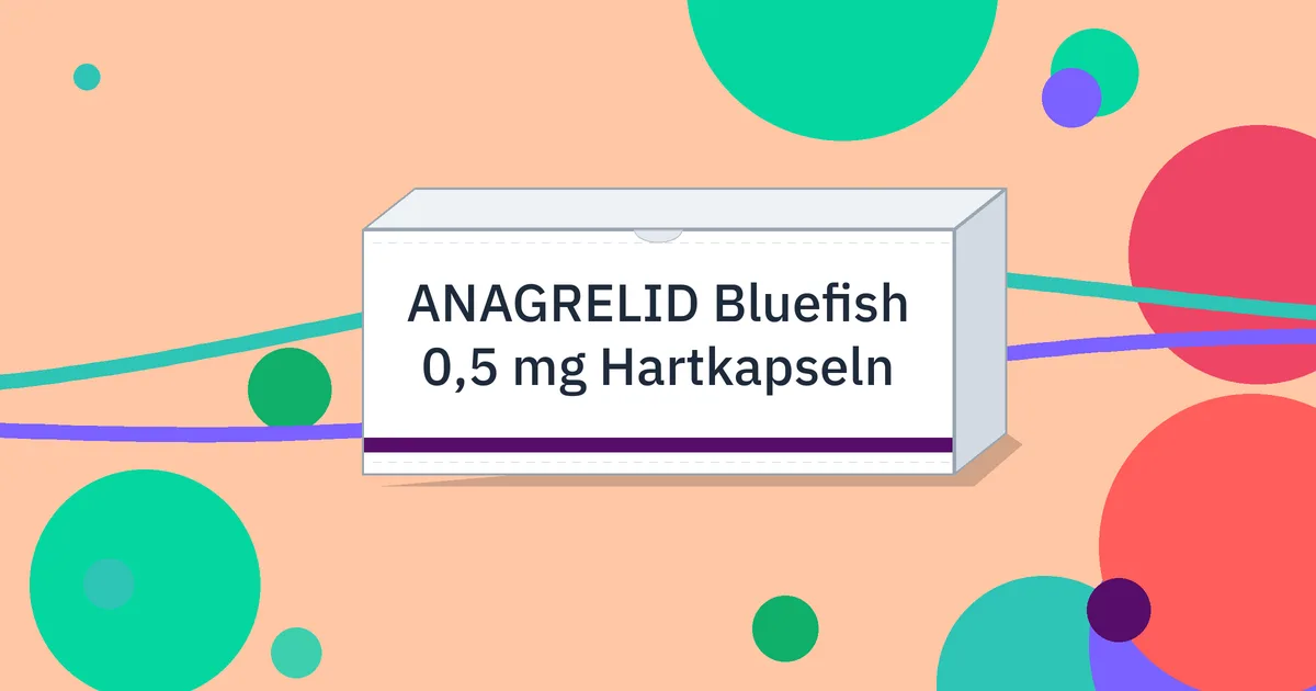 Symbolbild: Packung mit der Aufschrift ANAGRELID Bluefish 0,5 mg Hartkapseln (PZN 14175140) – Verfügbarkeit und Bezug in Apotheken in Frankfurt am Main