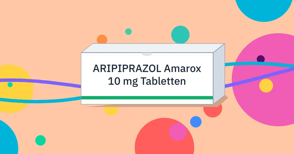 Symbolbild: Packung mit der Aufschrift ARIPIPRAZOL Amarox 10 mg Tabletten (PZN 18738350) – Verfügbarkeit und Bezug in Apotheken in Frankfurt am Main