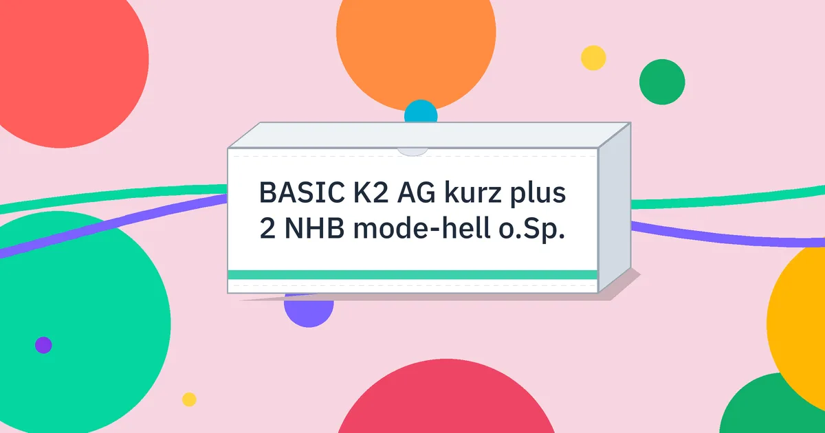 Symbolbild: Packung mit der Aufschrift BASIC K2 AG kurz plus 2 NHB mode-hell o.Sp. (PZN 20266734) – Verfügbarkeit und Bezug in Apotheken in Frankfurt am Main
