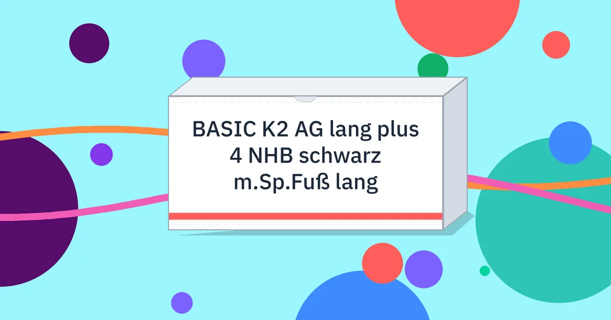 Symbolbild: Packung mit der Aufschrift BASIC K2 AG lang plus 4 NHB schwarz m.Sp.Fuß lang (PZN 20267461) – Verfügbarkeit und Bezug in Apotheken in Frankfurt am Main
