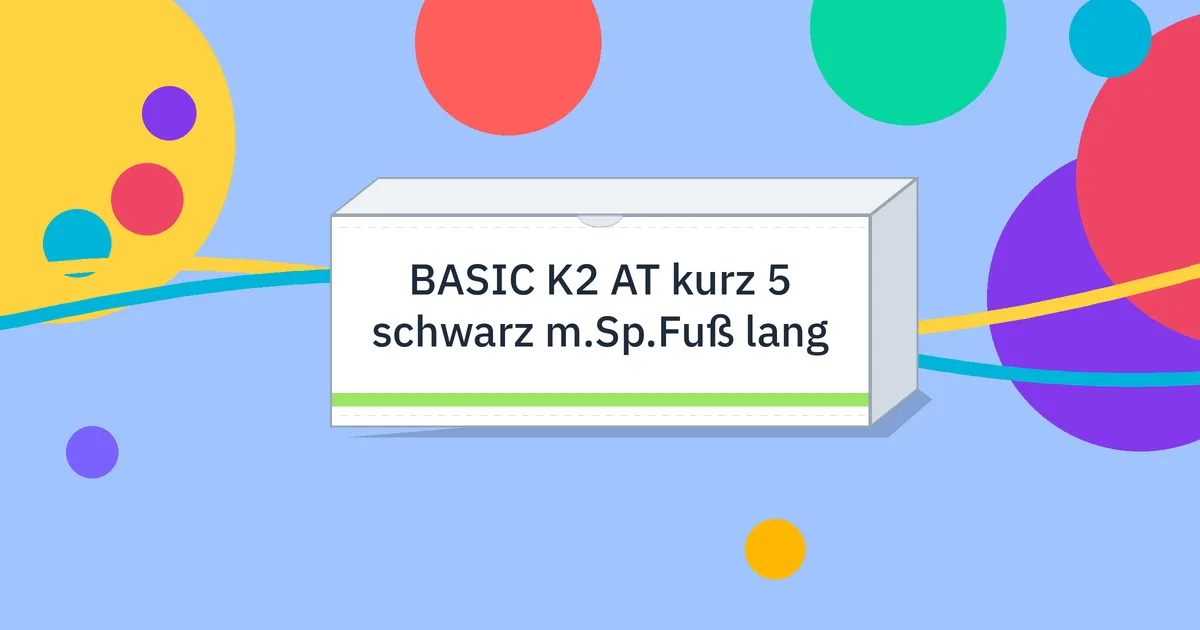 Symbolbild: Packung mit der Aufschrift BASIC K2 AT kurz 5 schwarz m.Sp.Fuß lang (PZN 20269595) – Verfügbarkeit und Bezug in Apotheken in Frankfurt am Main