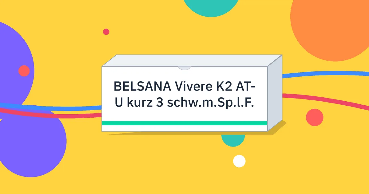 Symbolbild: Packung mit der Aufschrift BELSANA Vivere K2 AT-U kurz 3 schw.m.Sp.l.F. (PZN 08537461) – Verfügbarkeit und Bezug in Apotheken in Frankfurt am Main