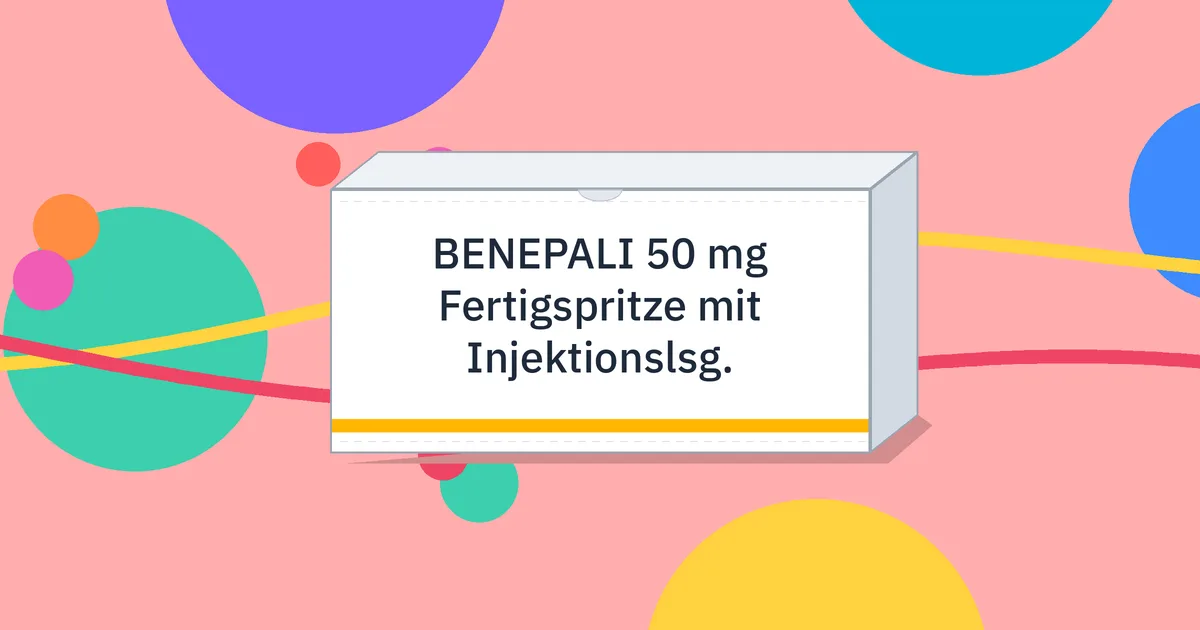 Symbolbild: Packung mit der Aufschrift BENEPALI 50 mg Fertigspritze mit Injektionslsg. (PZN 14162315) – Verfügbarkeit und Bezug in Apotheken in Frankfurt am Main