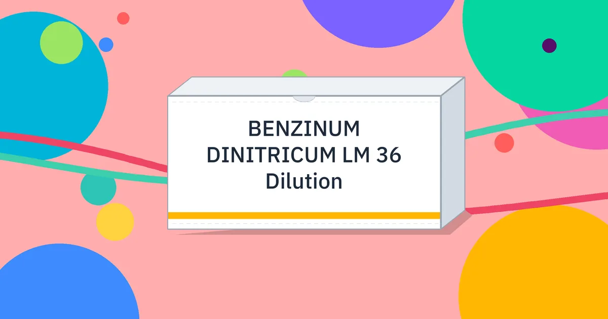 Symbolbild: Packung mit der Aufschrift BENZINUM DINITRICUM LM 36 Dilution (PZN 13382670) – Verfügbarkeit und Bezug in Apotheken in Frankfurt am Main