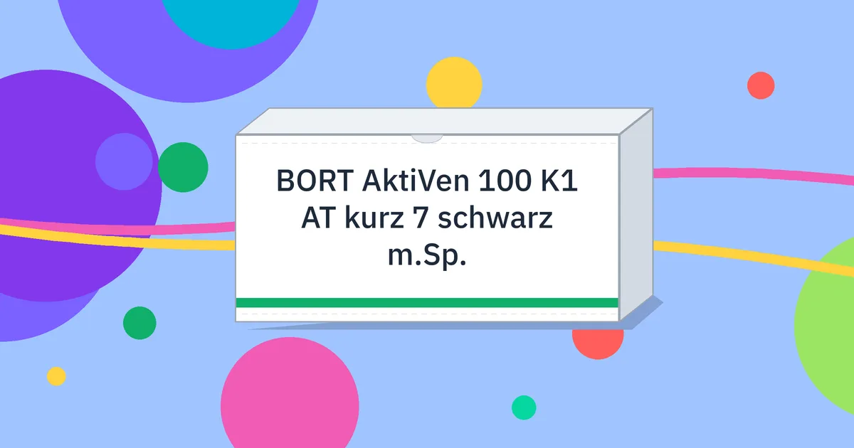 Symbolbild: Packung mit der Aufschrift BORT AktiVen 100 K1 AT kurz 7 schwarz m.Sp. (PZN 14389220) – Verfügbarkeit und Bezug in Apotheken in Frankfurt am Main