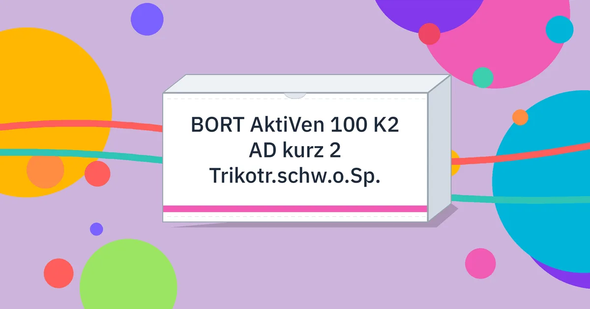 Symbolbild: Packung mit der Aufschrift BORT AktiVen 100 K2 AD kurz 2 Trikotr.schw.o.Sp. (PZN 14386612) – Verfügbarkeit und Bezug in Apotheken in Frankfurt am Main