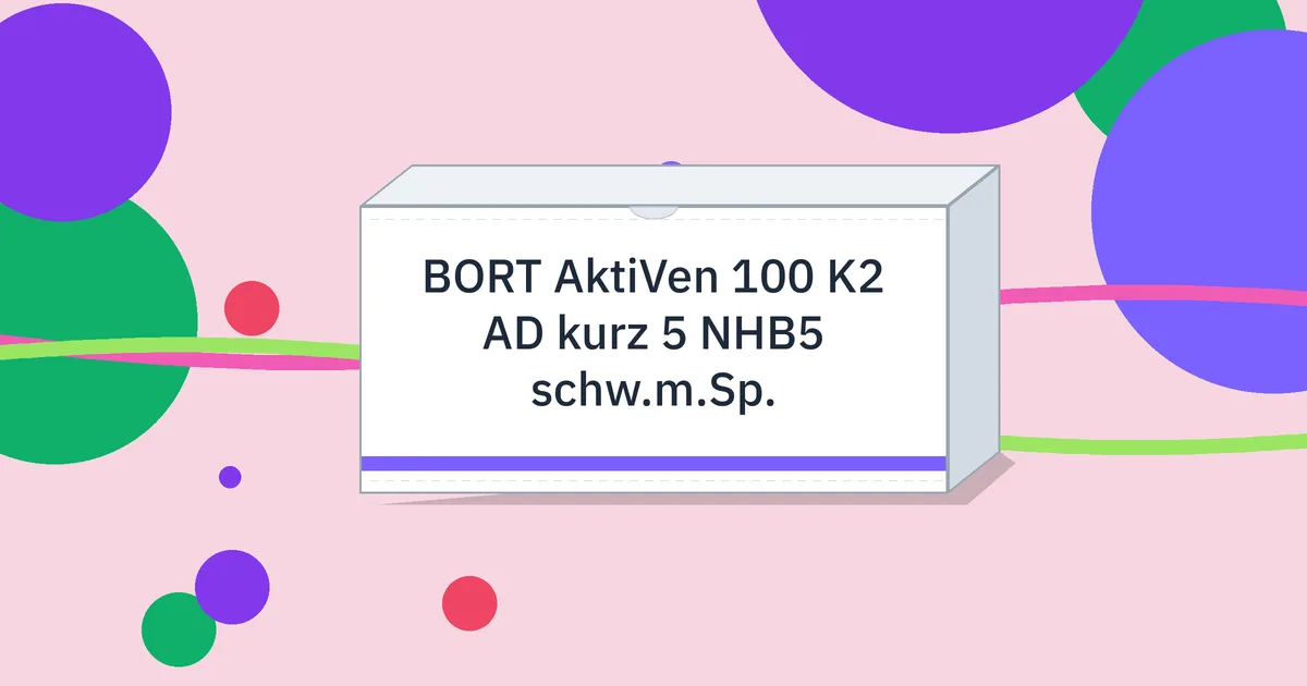 Symbolbild: Packung mit der Aufschrift BORT AktiVen 100 K2 AD kurz 5 NHB5 schw.m.Sp. (PZN 17497140) – Verfügbarkeit und Bezug in Apotheken in Frankfurt am Main