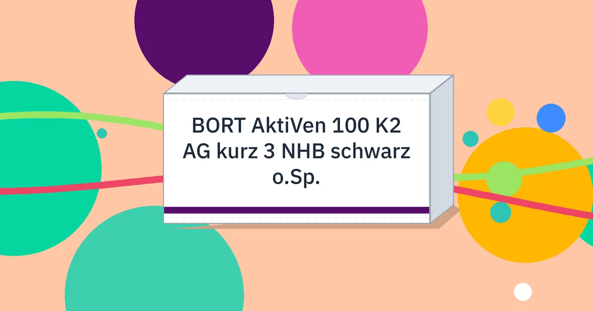 Symbolbild: Packung mit der Aufschrift BORT AktiVen 100 K2 AG kurz 3 NHB schwarz o.Sp. (PZN 14387391) – Verfügbarkeit und Bezug in Apotheken in Frankfurt am Main