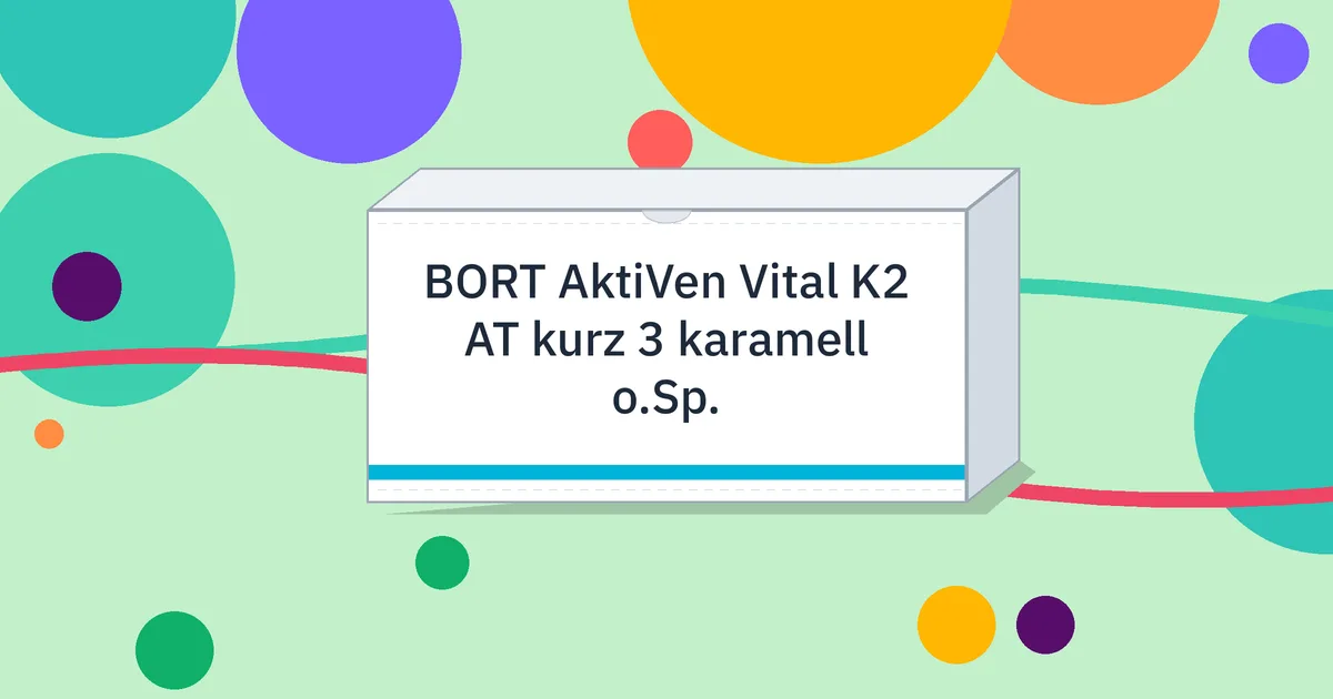 Symbolbild: Packung mit der Aufschrift BORT AktiVen Vital K2 AT kurz 3 karamell o.Sp. (PZN 13737676) – Verfügbarkeit und Bezug in Apotheken in Frankfurt am Main