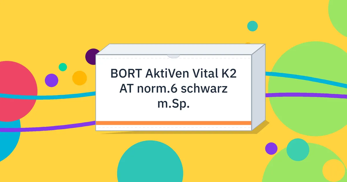 Symbolbild: Packung mit der Aufschrift BORT AktiVen Vital K2 AT norm.6 schwarz m.Sp. (PZN 13740520) – Verfügbarkeit und Bezug in Apotheken in Frankfurt am Main
