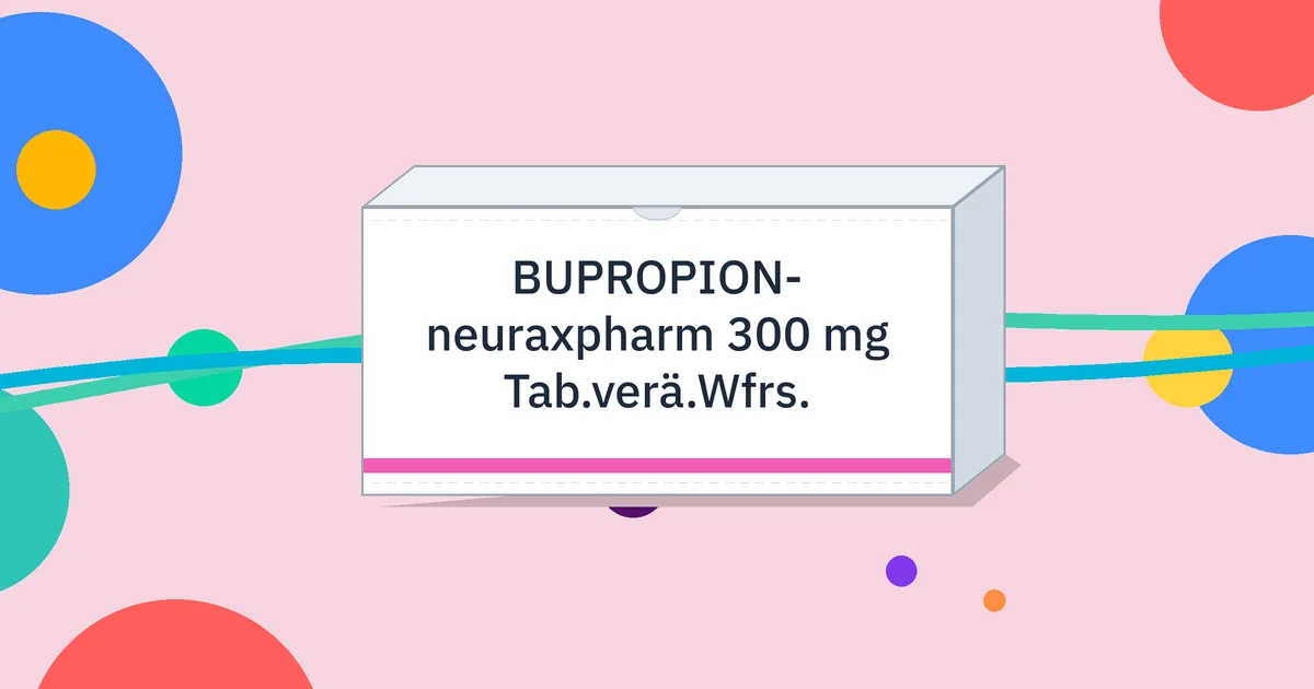 Symbolbild: Packung mit der Aufschrift BUPROPION-neuraxpharm 300 mg Tab.verä.Wfrs. (PZN 14251912) – Verfügbarkeit und Bezug in Apotheken in Frankfurt am Main