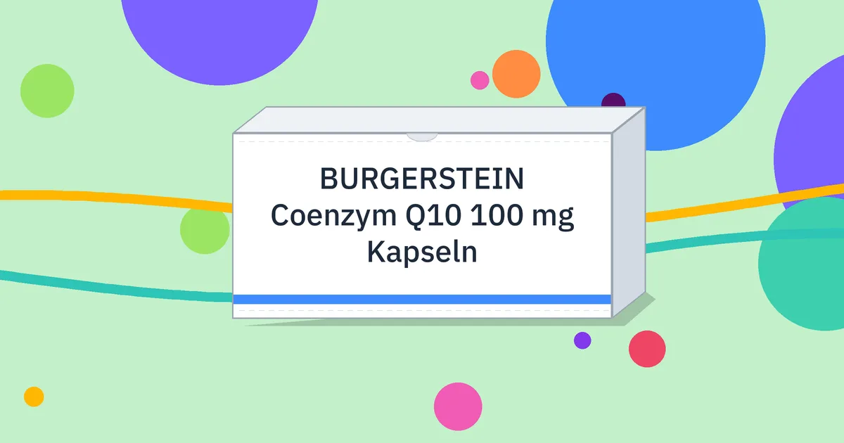 Symbolbild: Packung mit der Aufschrift BURGERSTEIN Coenzym Q10 100 mg Kapseln (PZN 20541933) – Verfügbarkeit und Bezug in Apotheken in Frankfurt am Main