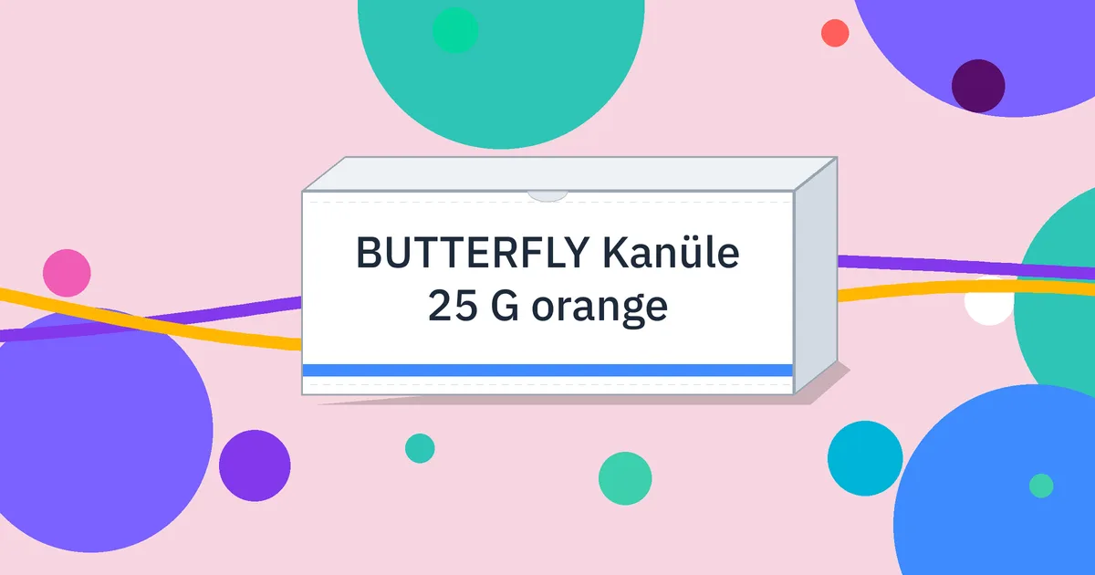 Symbolbild: Packung mit der Aufschrift BUTTERFLY Kanüle 25 G orange (PZN 09685301) – Verfügbarkeit und Bezug in Apotheken in Frankfurt am Main