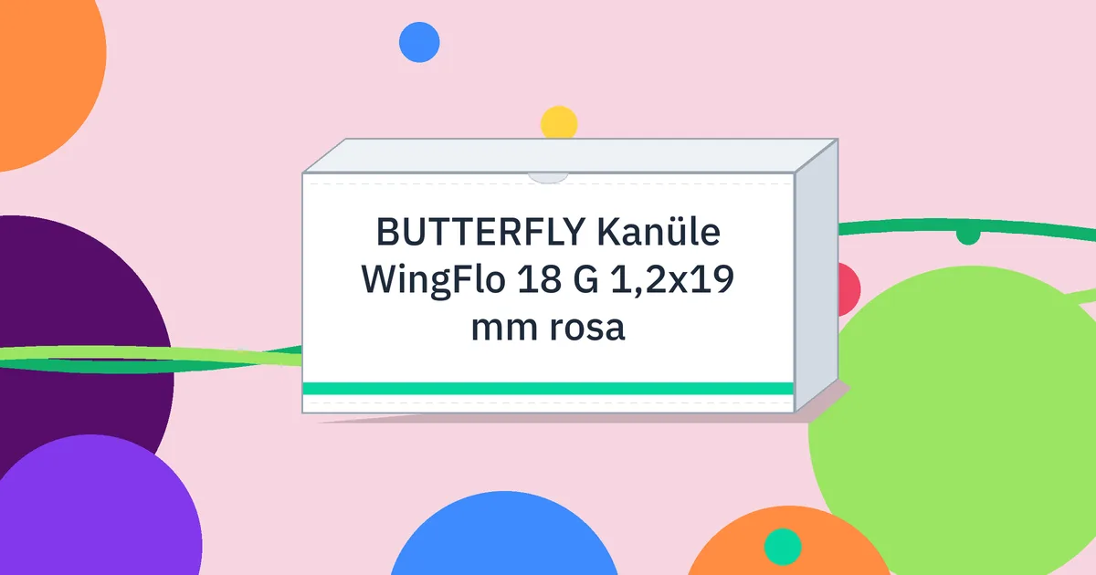 Symbolbild: Packung mit der Aufschrift BUTTERFLY Kanüle WingFlo 18 G 1,2x19 mm rosa (PZN 18054893) – Verfügbarkeit und Bezug in Apotheken in Frankfurt am Main
