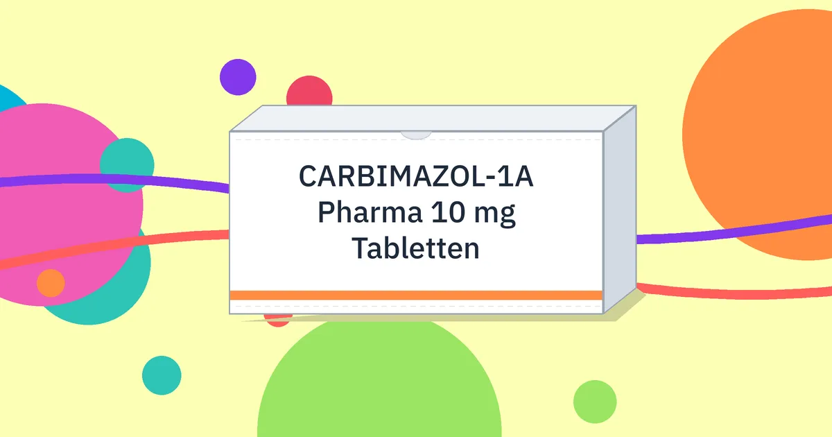 Symbolbild: Packung mit der Aufschrift CARBIMAZOL-1A Pharma 10 mg Tabletten (PZN 14038348) – Verfügbarkeit und Bezug in Apotheken in Frankfurt am Main