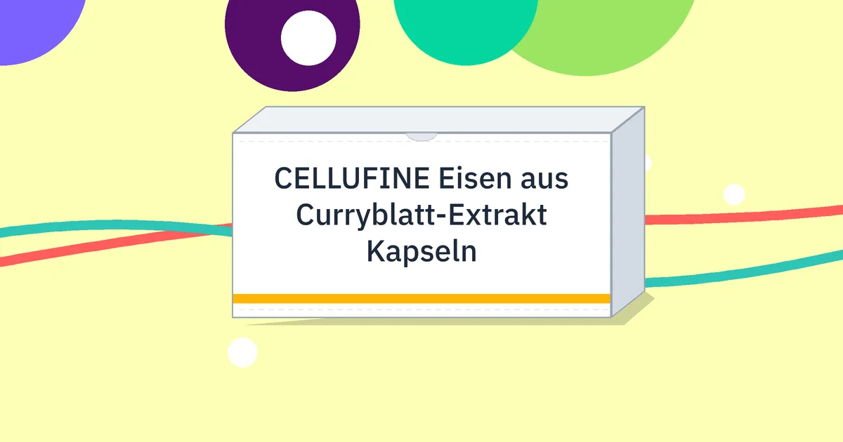 Symbolbild: Packung mit der Aufschrift CELLUFINE Eisen aus Curryblatt-Extrakt Kapseln (PZN 16603344) – Verfügbarkeit und Bezug in Apotheken in Frankfurt am Main