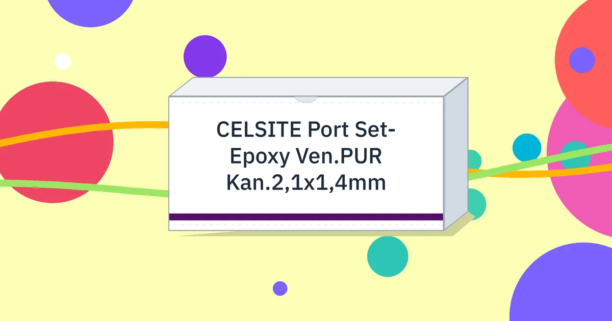 Symbolbild: Packung mit der Aufschrift CELSITE Port Set-Epoxy Ven.PUR Kan.2,1x1,4mm (PZN 01057930) – Verfügbarkeit und Bezug in Apotheken in Frankfurt am Main