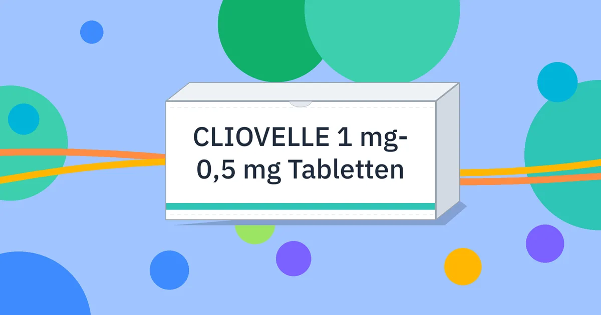 Symbolbild: Packung mit der Aufschrift CLIOVELLE 1 mg-0,5 mg Tabletten (PZN 17582609) – Verfügbarkeit und Bezug in Apotheken in Frankfurt am Main