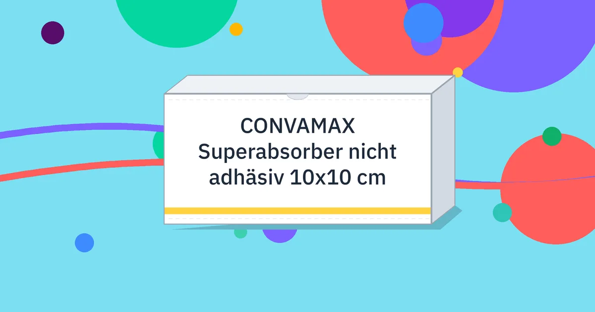 Symbolbild: Packung mit der Aufschrift CONVAMAX Superabsorber nicht adhäsiv 10x10 cm (PZN 19825619) – Verfügbarkeit und Bezug in Apotheken in Frankfurt am Main