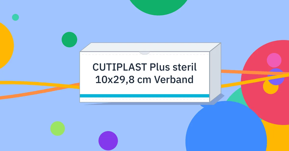 Symbolbild: Packung mit der Aufschrift CUTIPLAST Plus steril 10x29,8 cm Verband (PZN 09732621) – Verfügbarkeit und Bezug in Apotheken in Frankfurt am Main