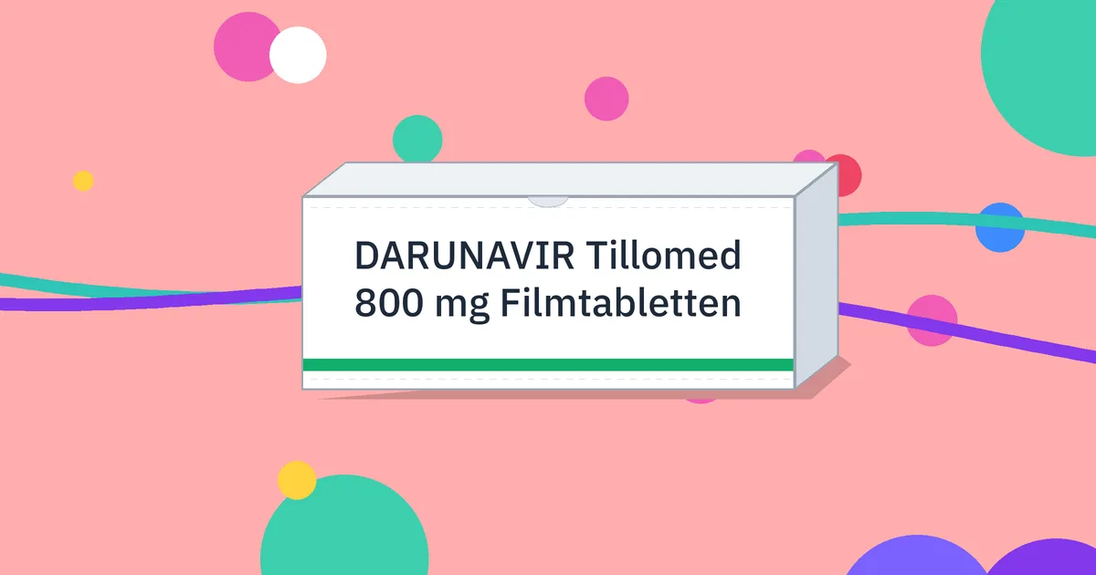 Symbolbild: Packung mit der Aufschrift DARUNAVIR Tillomed 800 mg Filmtabletten (PZN 16389483) – Verfügbarkeit und Bezug in Apotheken in Frankfurt am Main