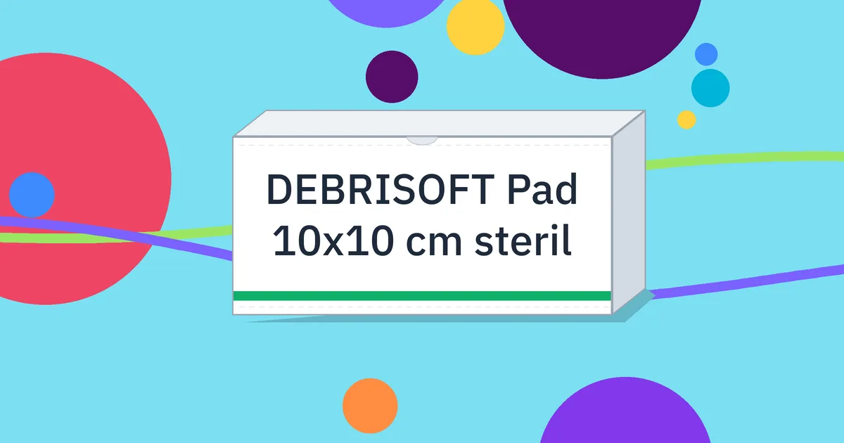 Symbolbild: Packung mit der Aufschrift DEBRISOFT Pad 10x10 cm steril (PZN 16512937) – Verfügbarkeit und Bezug in Apotheken in Frankfurt am Main