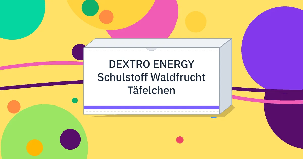 Symbolbild: Packung mit der Aufschrift DEXTRO ENERGY Schulstoff Waldfrucht Täfelchen (PZN 09245967) – Verfügbarkeit und Bezug in Apotheken in Frankfurt am Main